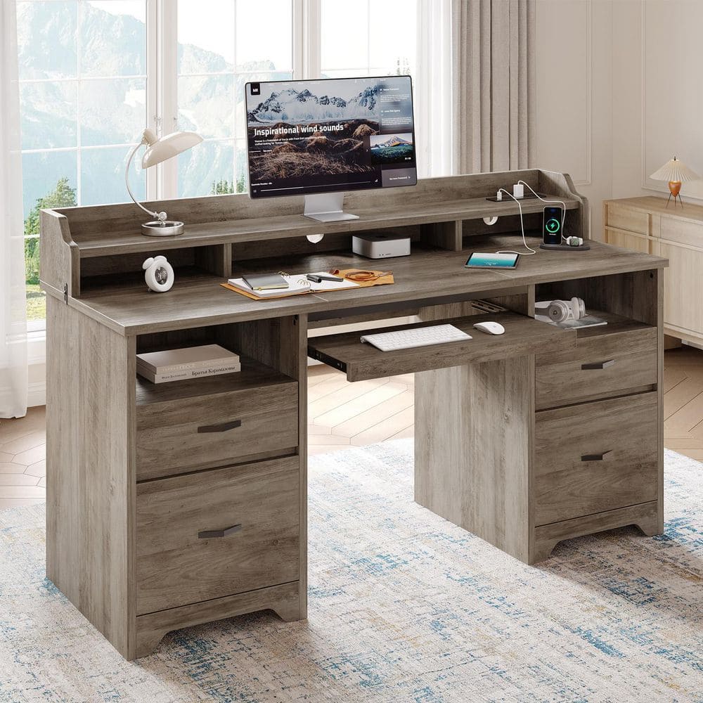Bestier 59 in. Grey Computer Desk with Charging Station, 4-Drawers and ...