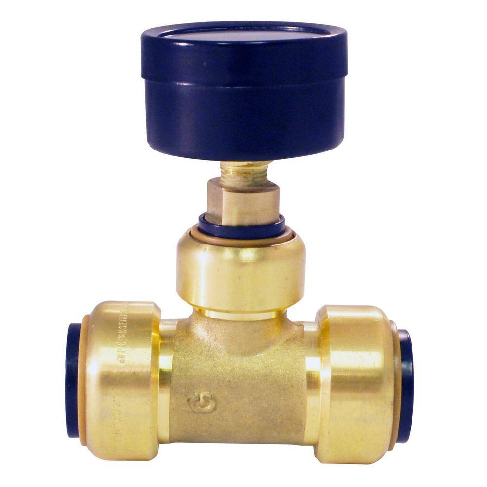Tectite 3/4 in. x 3/4 in. x 1/2 in. Brass Push-To-Connect Tee with Pressure Gauge (0 to 200 psi ...