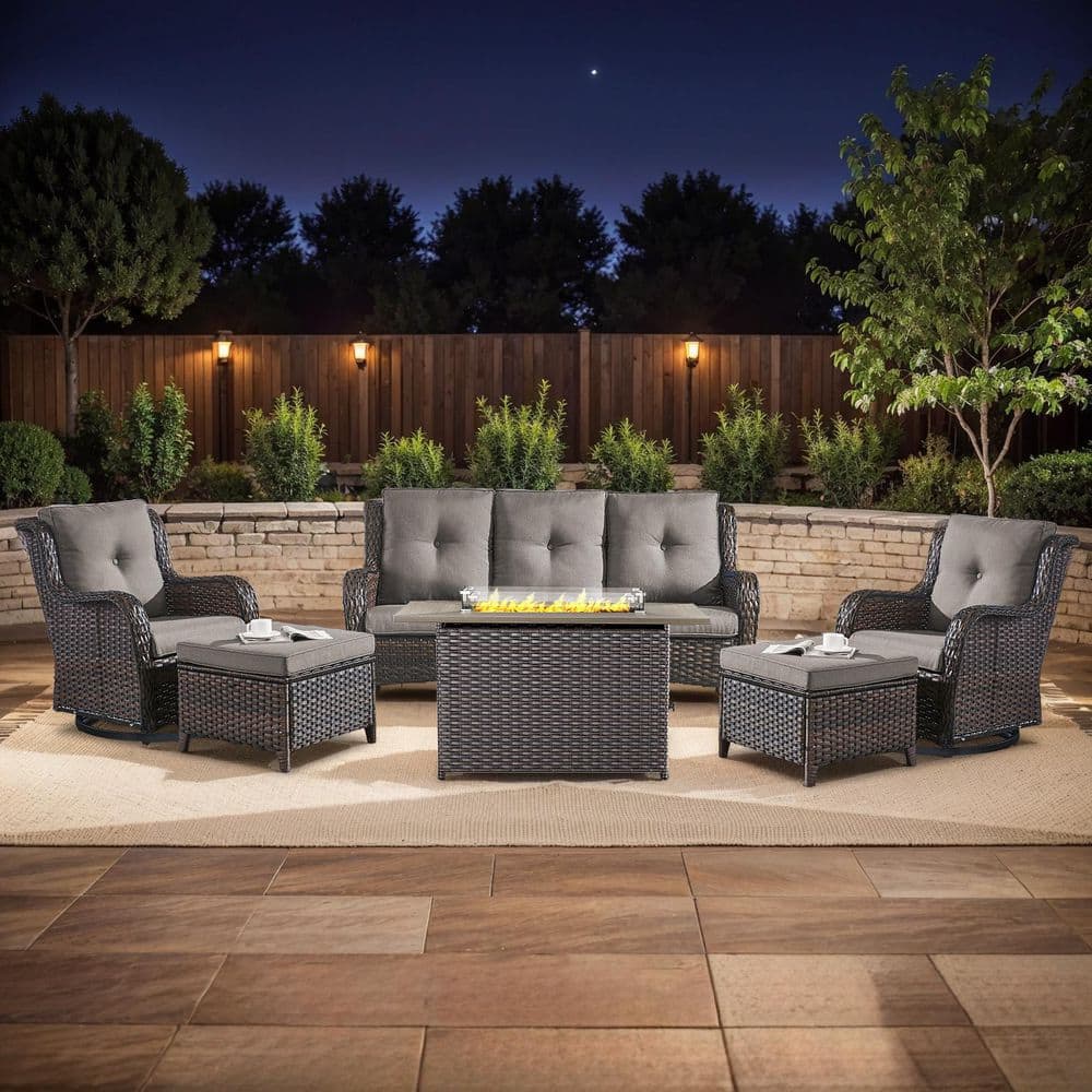 moosprr Arcline 6-Piece Brown Wicker Fire Pit Conversation Set with ...