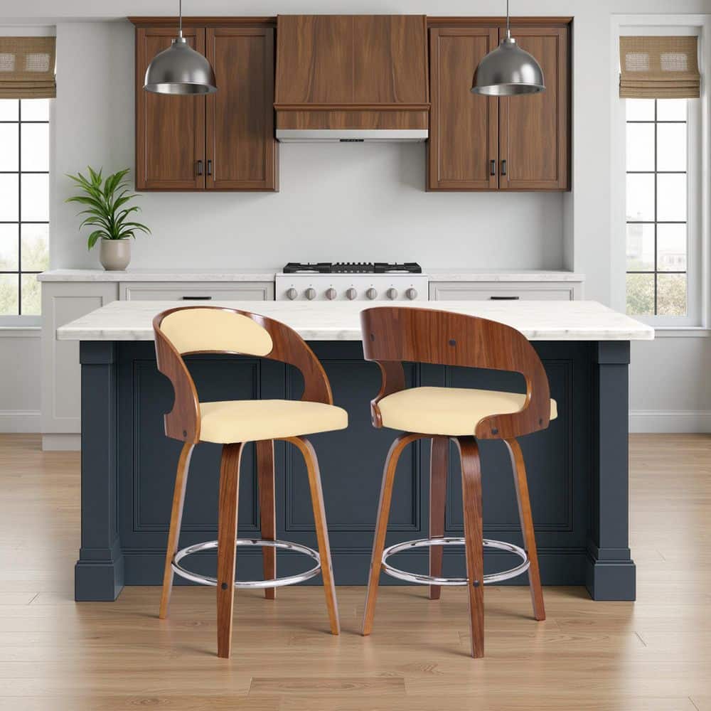 Armen Living Shelly 37 in. H Cream Low Back Wood Bar Stool with Faux ...