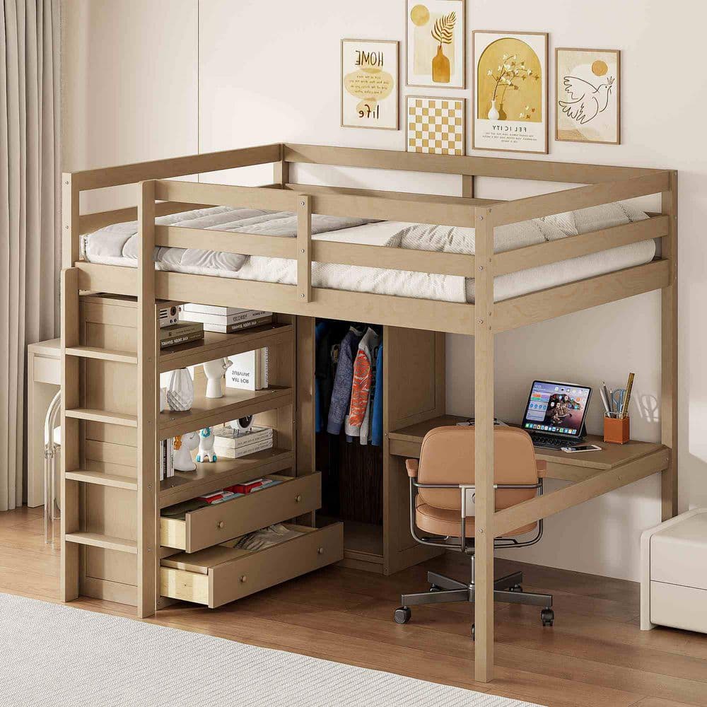Polibi Walnut Full Size Wood Loft Bed with Built-in Wardrobe, Desk, Storage Shelves and Drawers ...