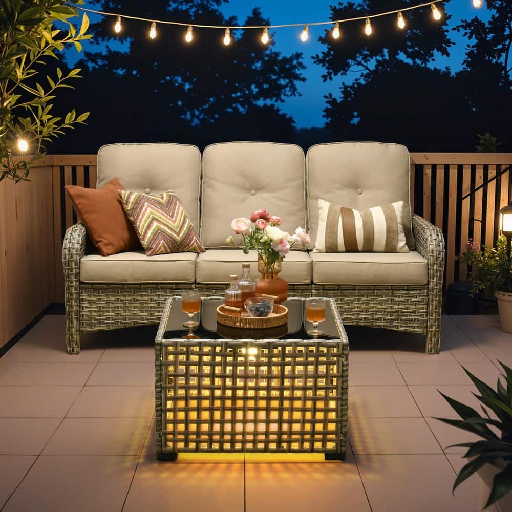 XIZZI Canopy Reed Outdoor Couch Patio Sofa with Beige Cushions and ...