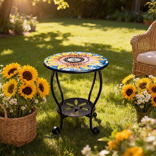 ZZW Sunflower 14 in. Round Shape Metal 17 in. Height Outdoor Side Table ...