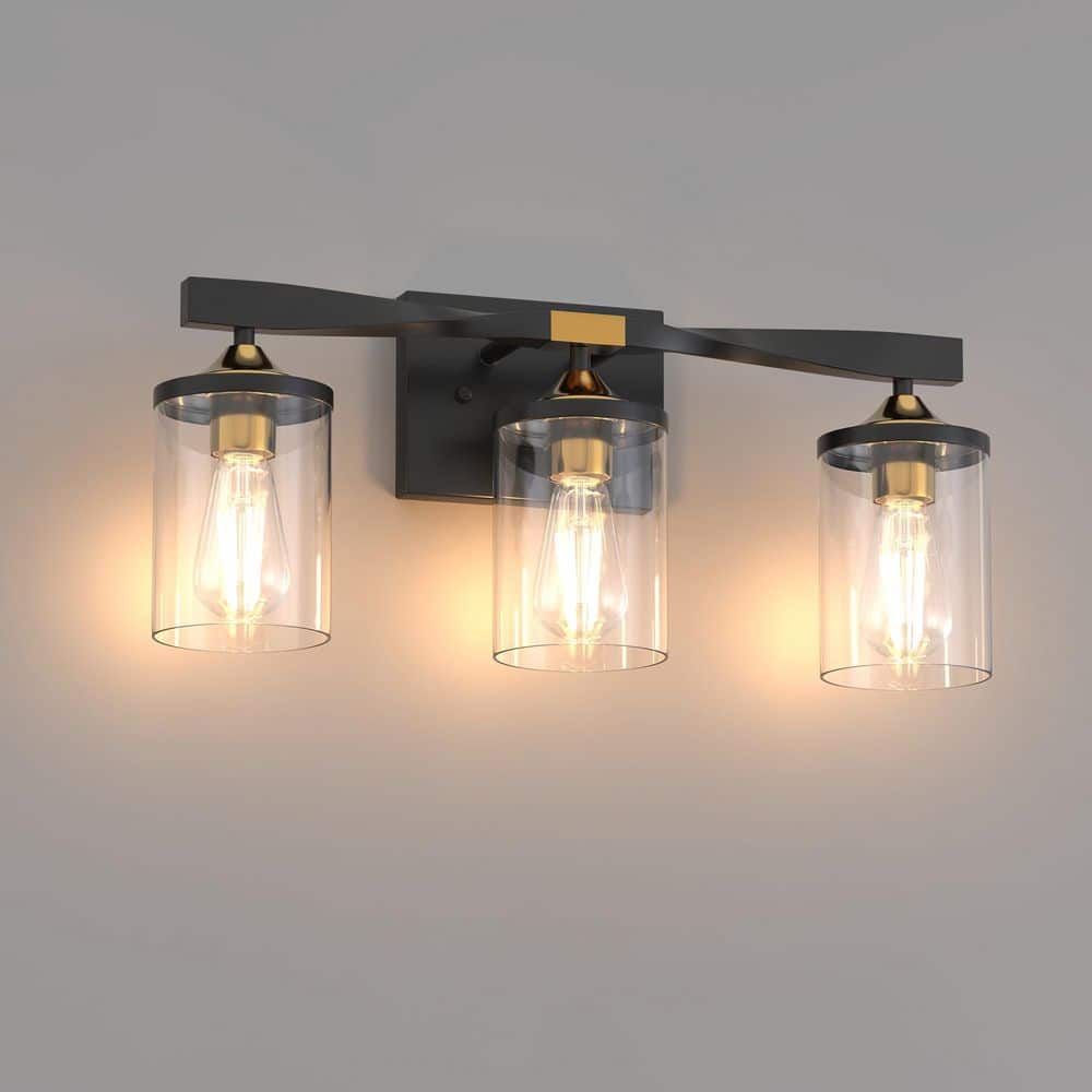 Briignite 20 in. 3-Light Black and Gold Cylinder Vanity Light Bathroom ...