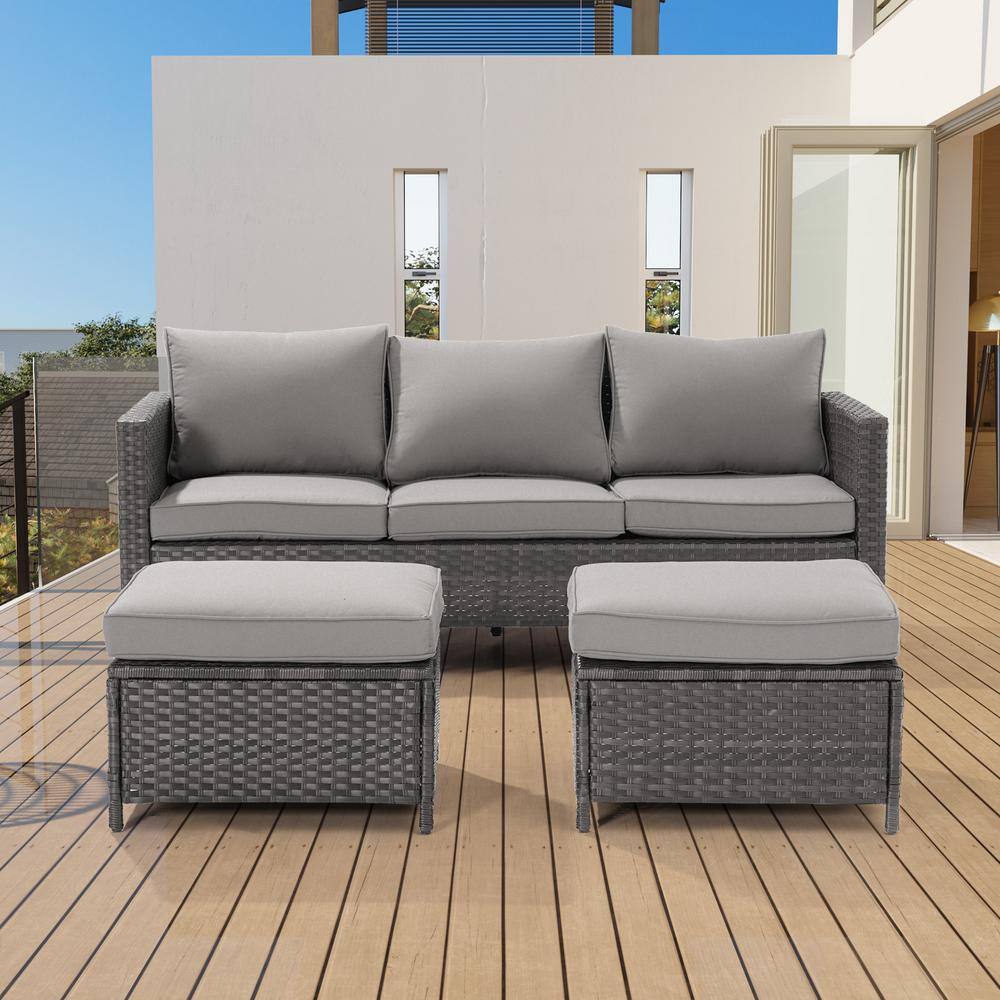 Sonkuki 3-Piece Grey Rattan Patio Sofa Set Outdoor Furniture Set 3-Seat ...