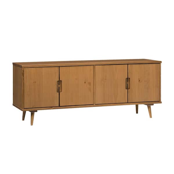 Welwick Designs 60 in. Caramel Solid Wood Mid-Century Modern TV Stand ...