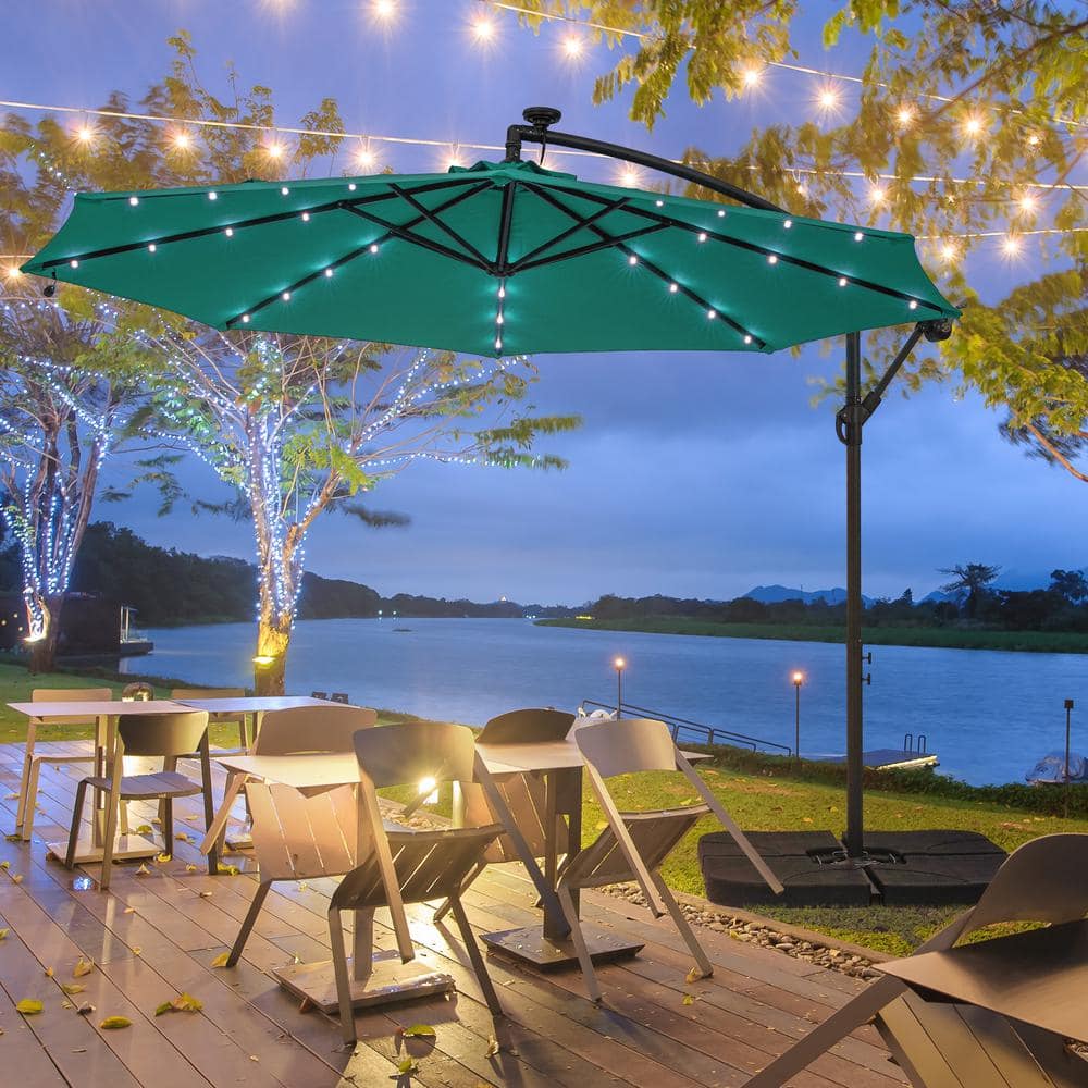 JOYESERY 10 ft. Patio Offset Solar LED Umbrellas 50 Plus UV Protection ...