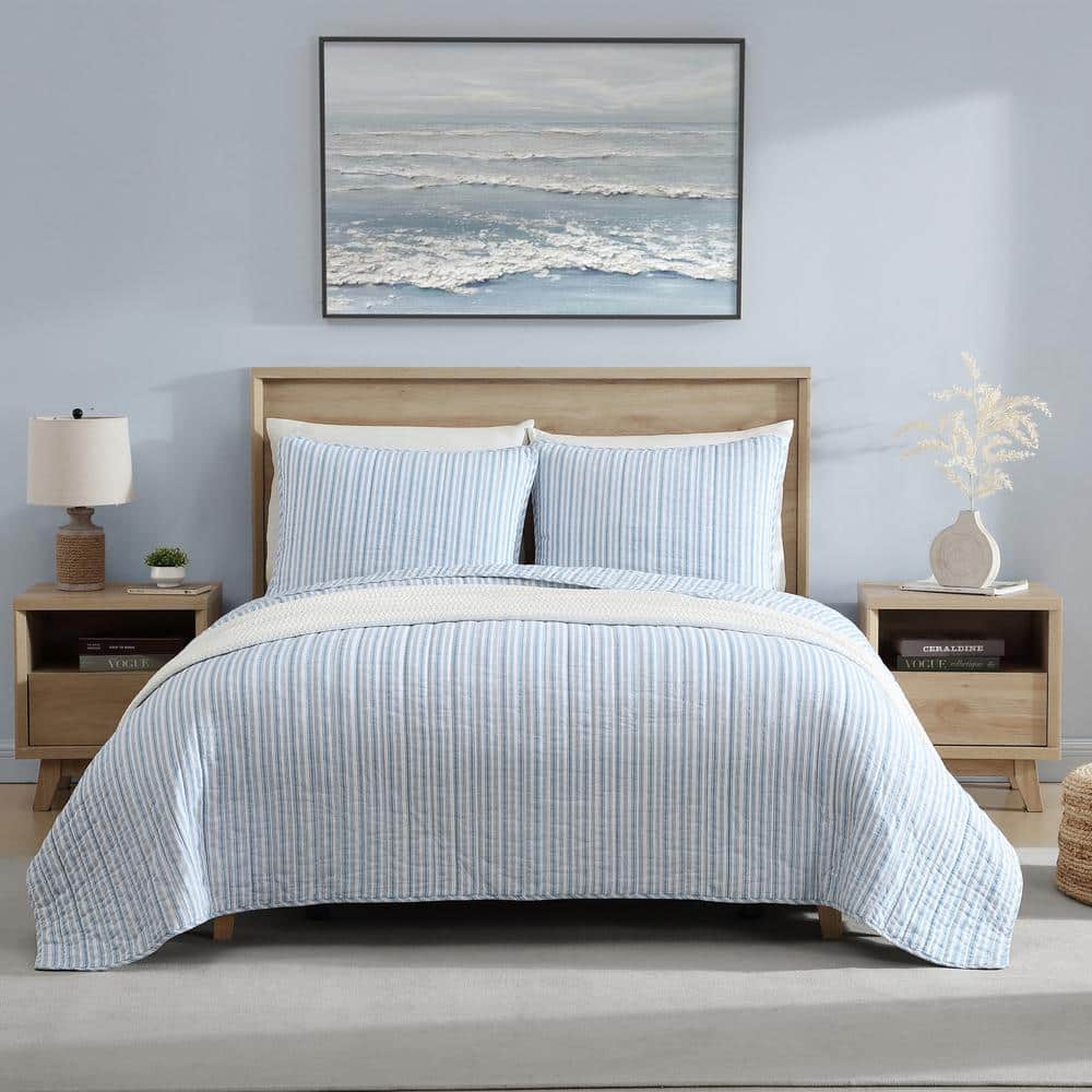 Nautica Coleridge Stripe Light Blue 3-Piece Cotton Full Queen Quilt Set ...