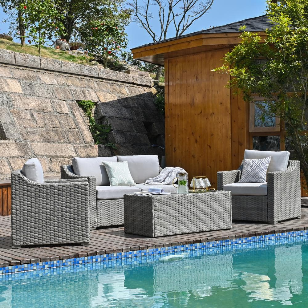 EGEIROSLIFE 4-Piece Wicker Patio Conversation Set with Beige Cushions ...