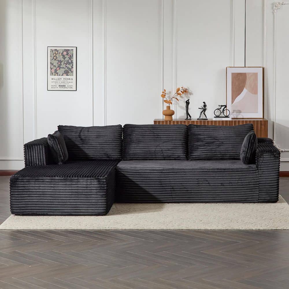 Nestfair 110 in. 2-Piece Corduroy Boneless L-Shaped Sectional Sofa in. Black, Compression ...