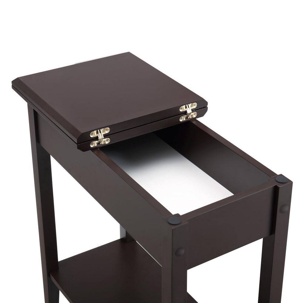 HOMESTOCK Espresso Narrow End Table with Storage, Flip Top Narrow Side ...