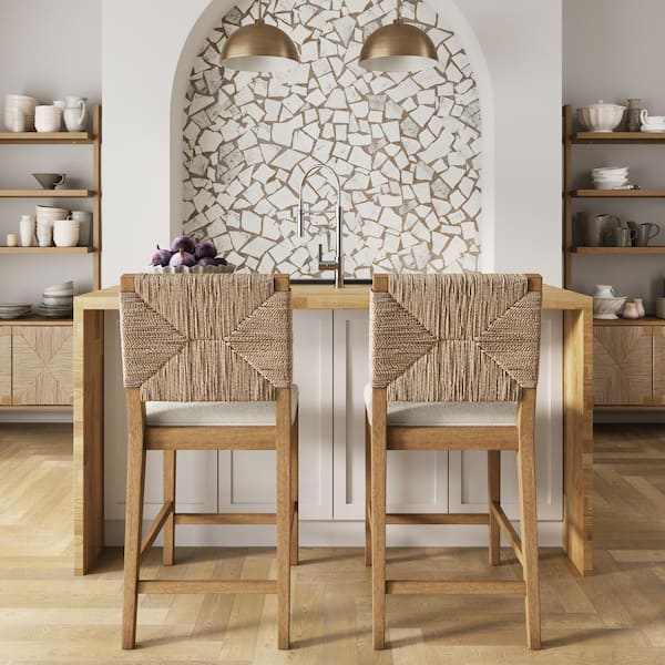 Nathan James Beacon 24 in. Bohemian Boucle Upholstered Wood Counter Height Bar Stool w Woven Back Cream Boucle Light Brown Set of 2 23701 2 The Home Depot