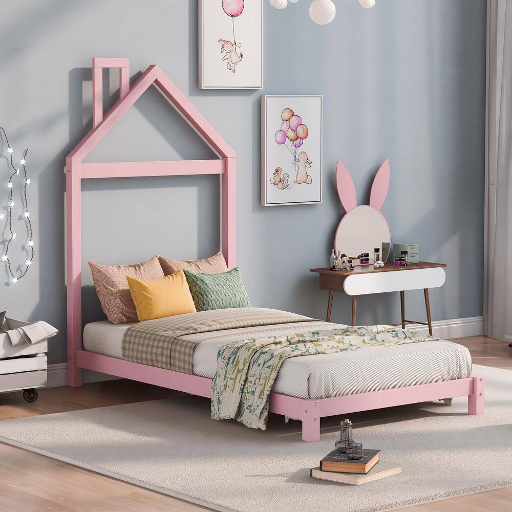 Harper & Bright Designs Pink Wood Frame Twin Size Platform Bed with ...