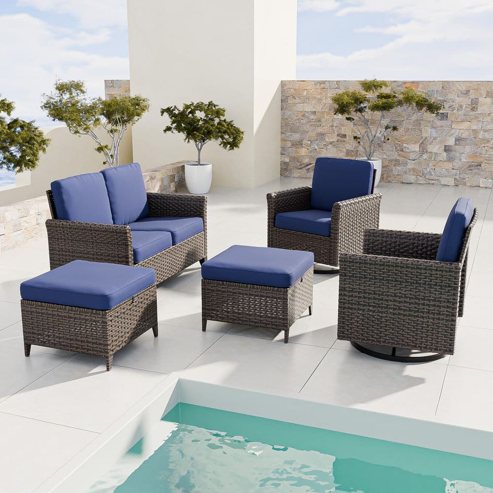 COOS BAY Brown Rattan Wicker 5-piece Outdoor Patio Conversation Set ...