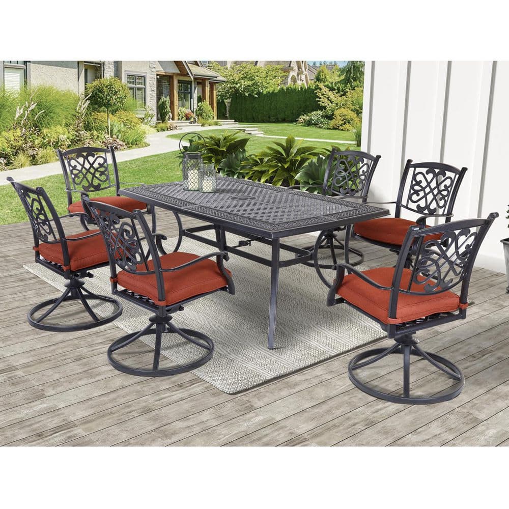7-Piece Aluminum Outdoor Dining Set, 6 Patio Swivel Chairs with Red ...