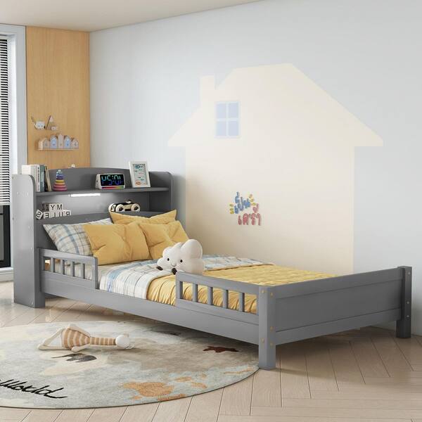 Nestfair Gray Wood Frame Twin Size Platform Bed with Bookcase Headboard ...