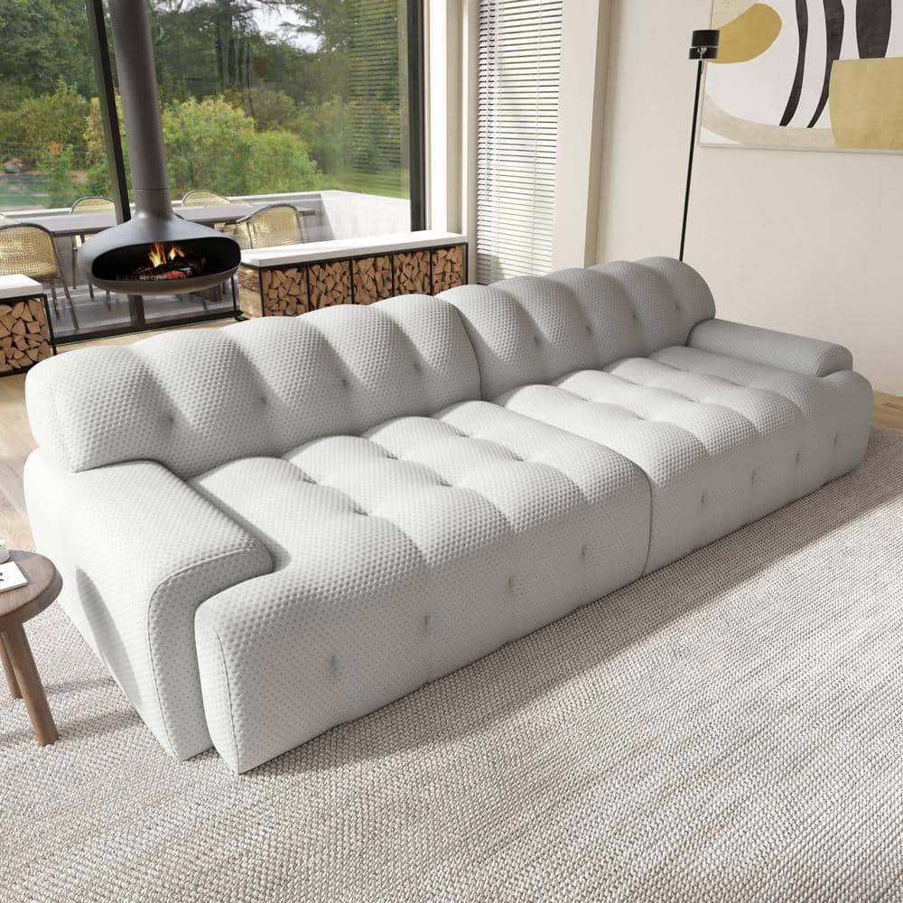 J&E Home 102.4 in Wide Square Arm Knit Fabric Rectangle Waffle Sofa in ...