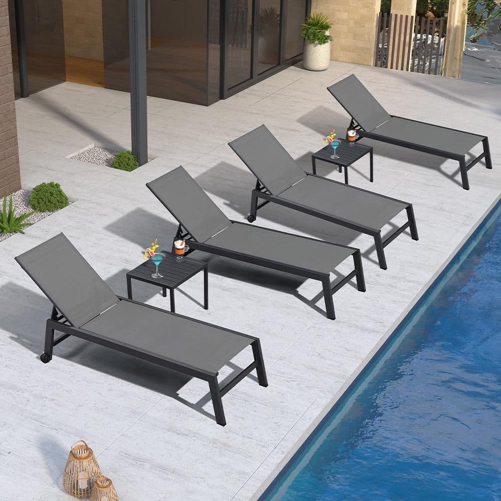PURPLE LEAF Textilene Outdoor Metal Pool Lounge Chairs with Side Table ...