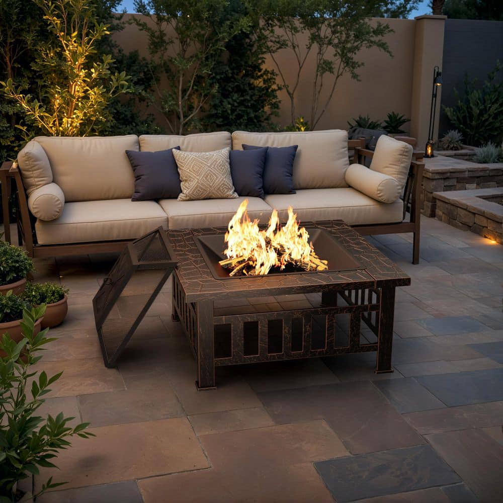 Tozey 32 in. Outdoor Metal Brown Fire Pit with Cover and Poker T ...