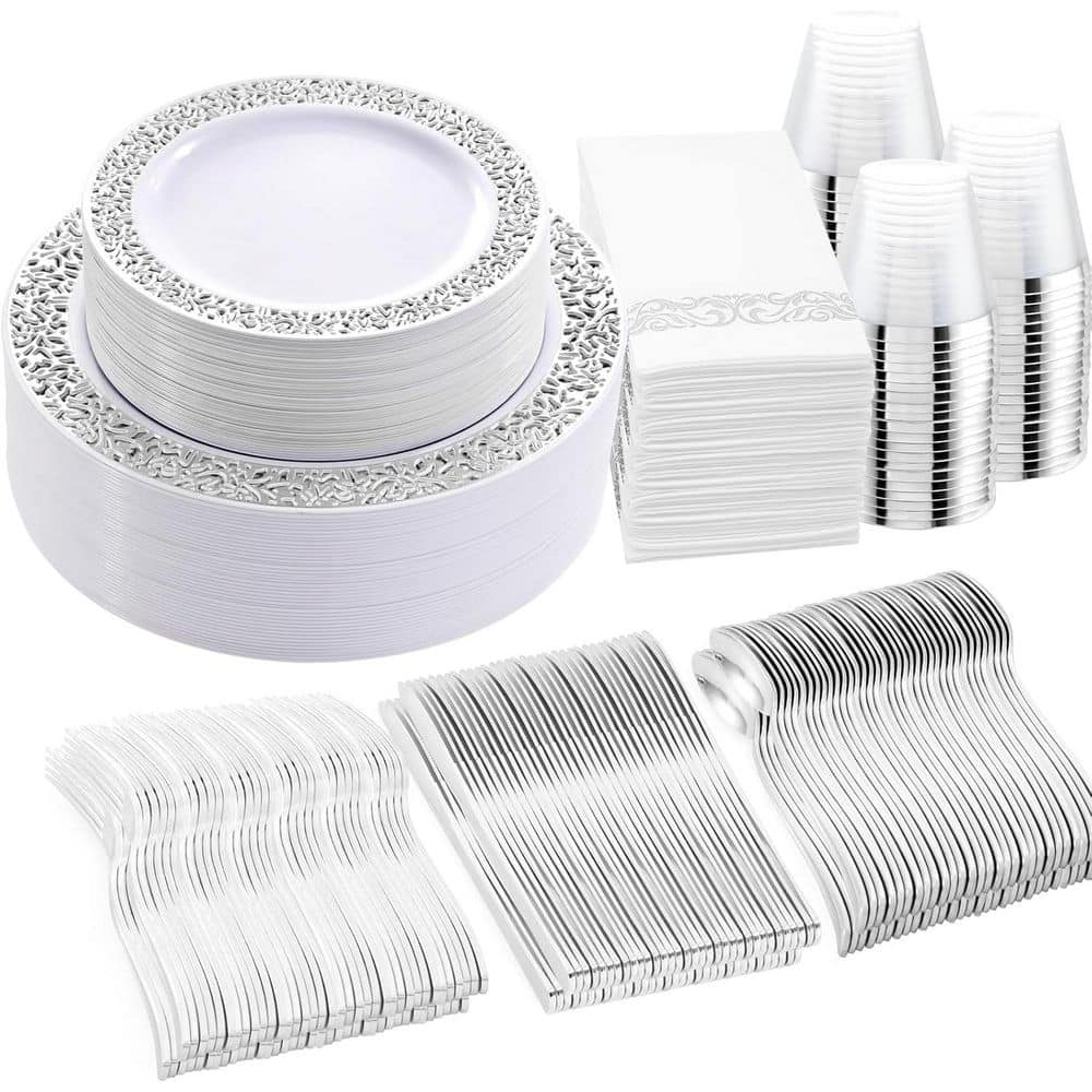 Adrinfly Silver Disposable Dinnerware Set for 50-Guests (350-Pieces ...