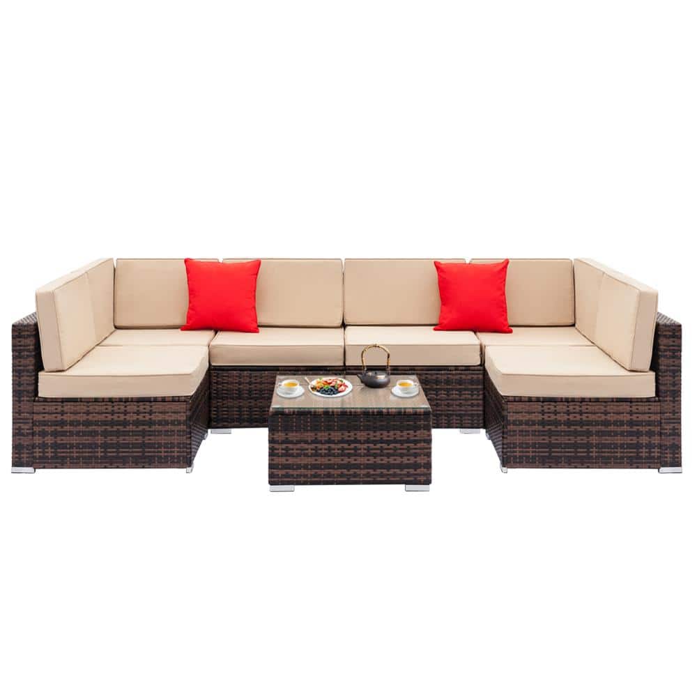 Karl home Brown Wicker Outdoor Sectional Set with Beige Cushions ...