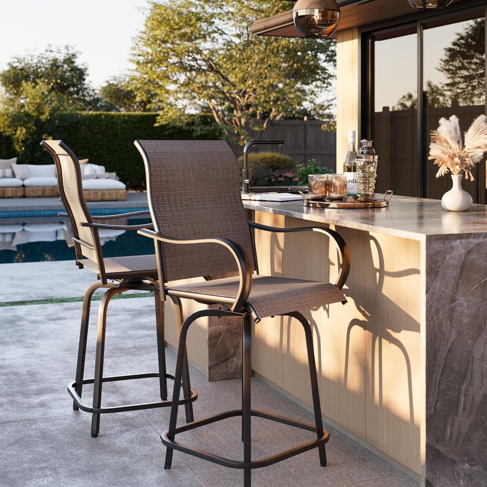 Poteban Brown Swivel Metal Outdoor High Bar Stools (2-Pack) VQ0192BE ...