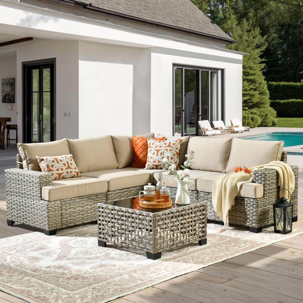 XIZZI Ulrica 6-Piece Wicker Outdoor Sectional Set with Biege Cushions ...
