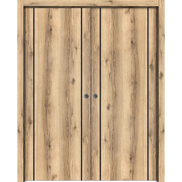 Sartodoors 48 in. x 84 in. 2 Panel Oak Color Finished Solid Wood with ...