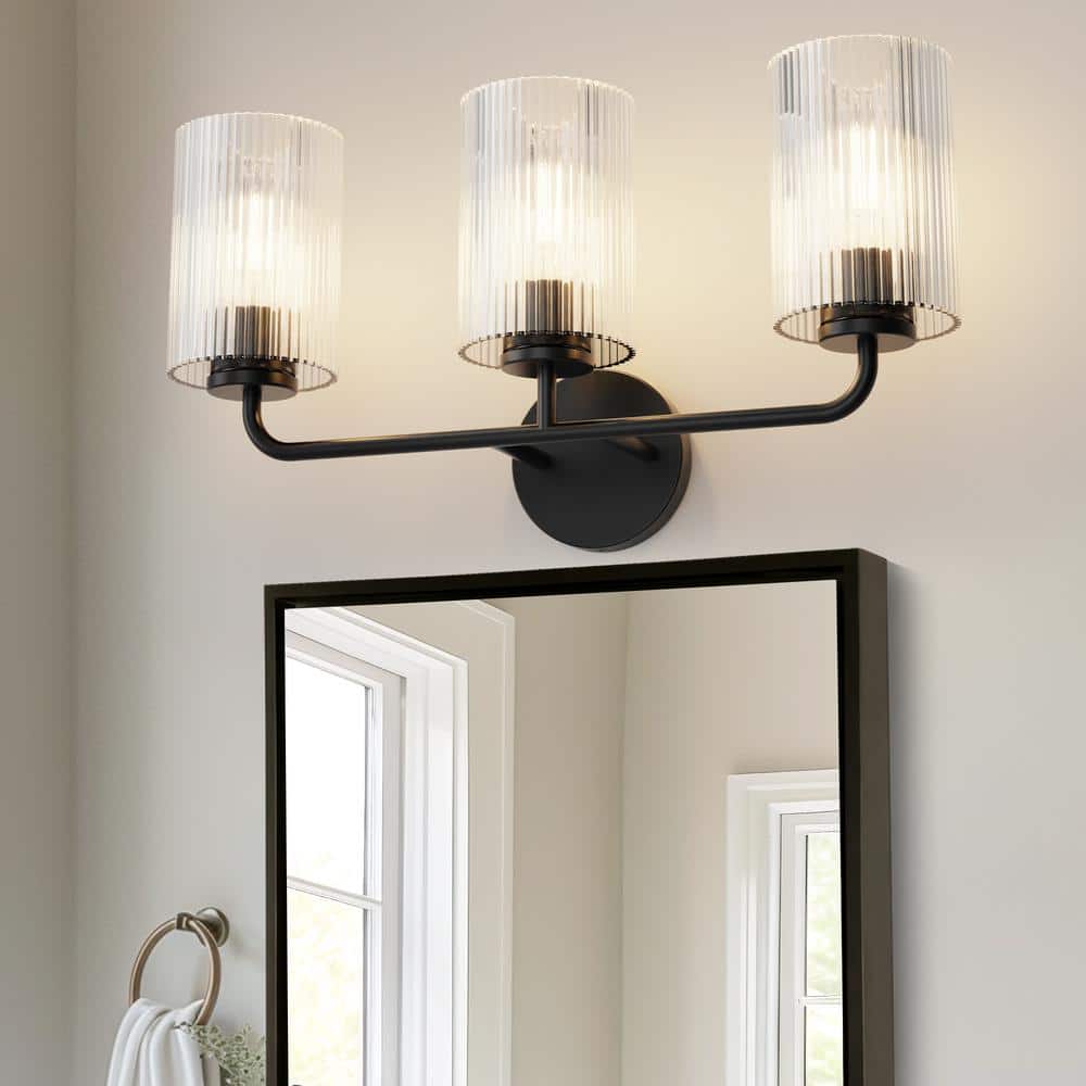 YANSUN 21 in. 3-Light Black Vanity Light with White Cylinder Glass ...