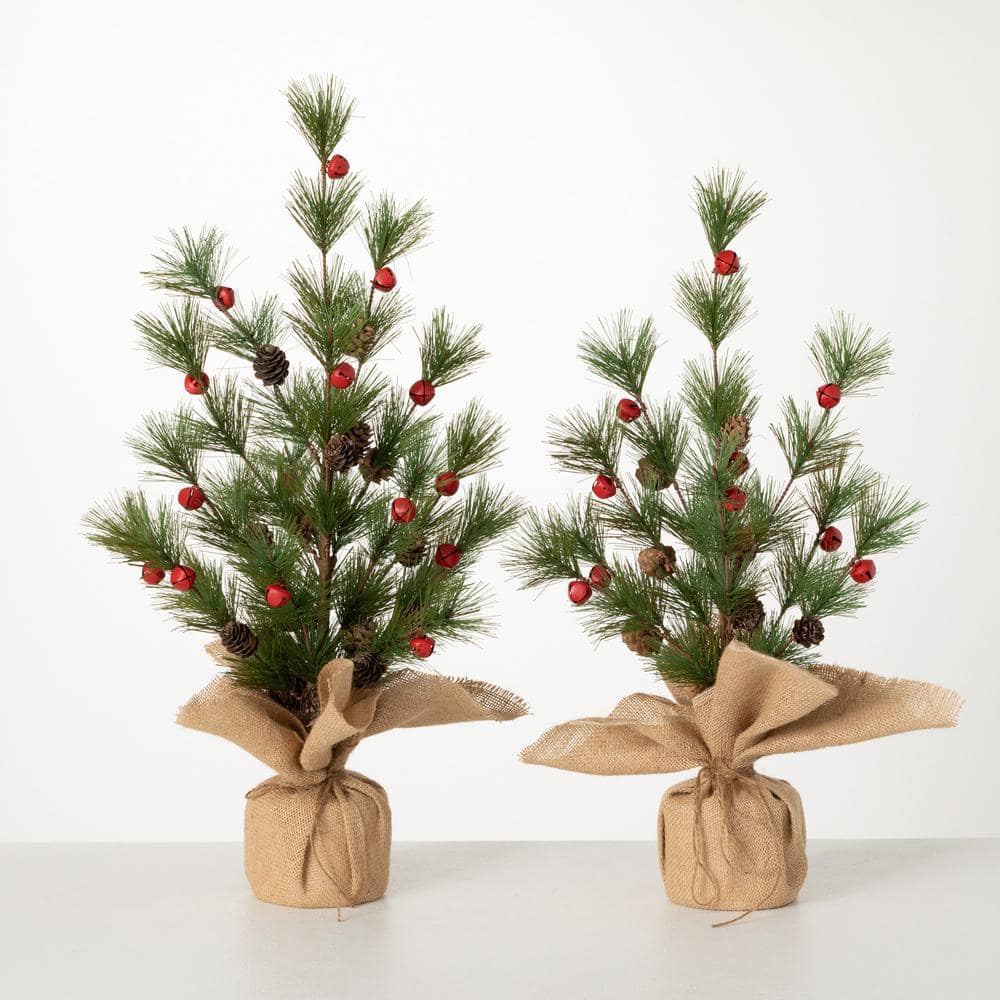 SULLIVANS 22 in. and 24 in. Pine Tree With Bells - Set of 2, Green ...