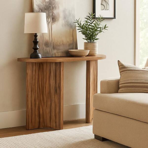 Benjara Anny 52 in. Brown Half-Moon Wood Console Table with Curved Plinth Base BM327430 - The ...