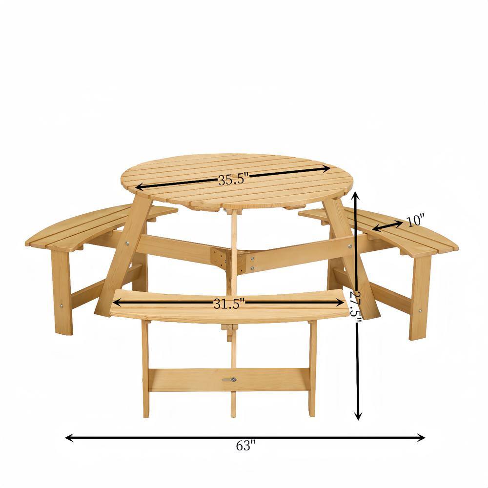 6-Person Natural Circular Wooden Outdoor Picnic Table, 63 in. Camping ...