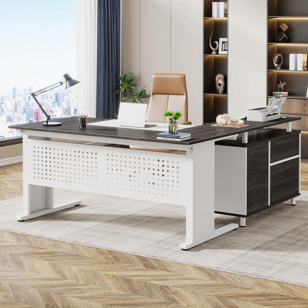 BYBLIGHT Lanita 83 in. L-Shaped Gray White Engineered Wood 3-Drawer ...