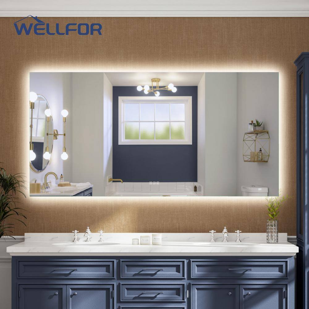 WELLFOR KIRAN 72 in. W x 36 in. H Rectangular Frameless Anti-Fog LED ...