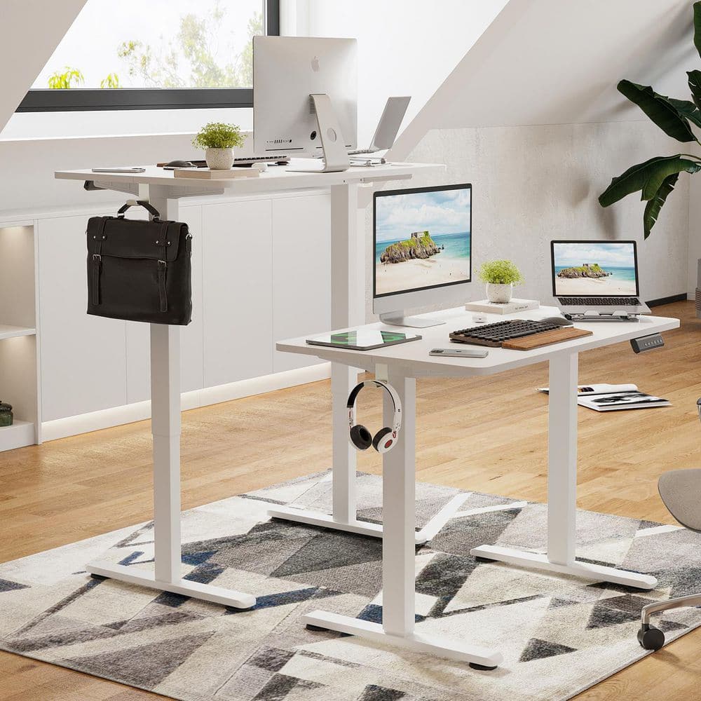 40 in. Rectangular White Metal and Wood Desk with Electric Adjustable ...