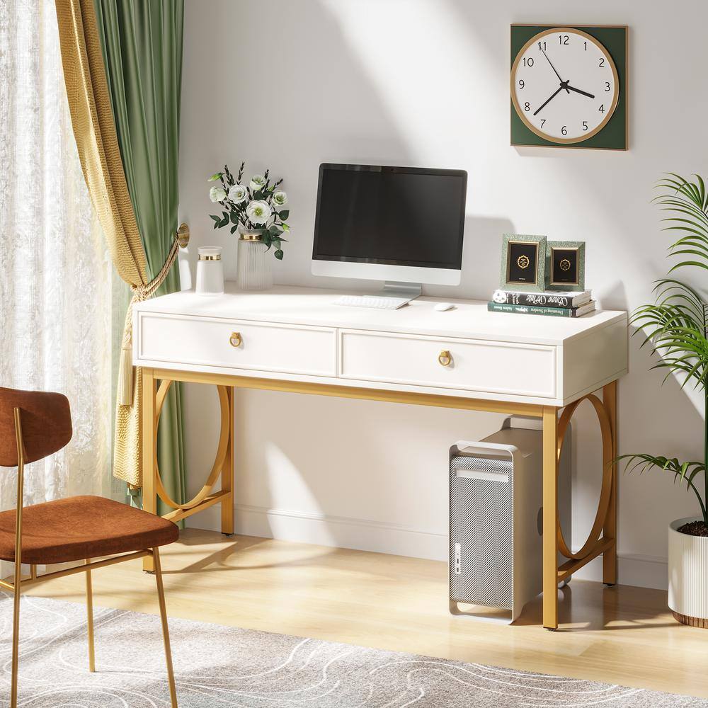 BYBLIGHT Moronia 48 in. Rectangular White Wood 2-Drawer Computer Desk ...