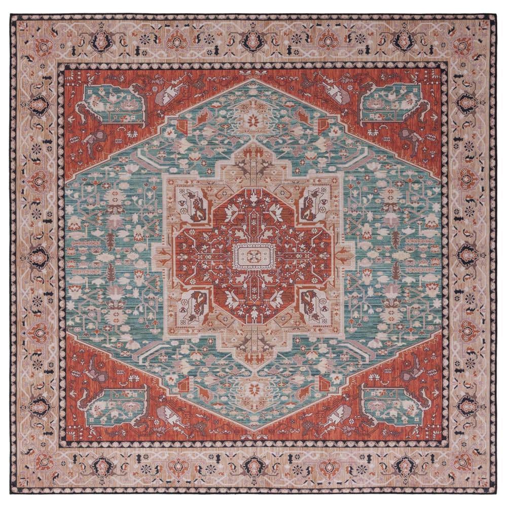 SAFAVIEH Tucson Aqua/Rust 8 ft. x 8 ft. Machine Washable Floral Border ...