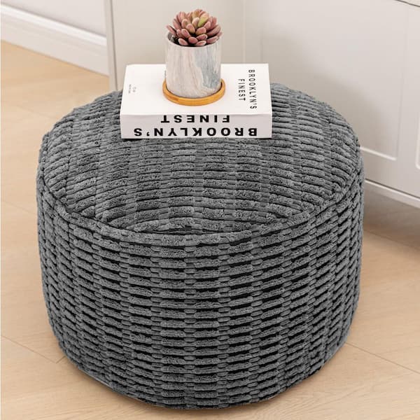 Dark Grey Faux Fur Upholstered Round Pouf Ottoman Modern High-Density ...