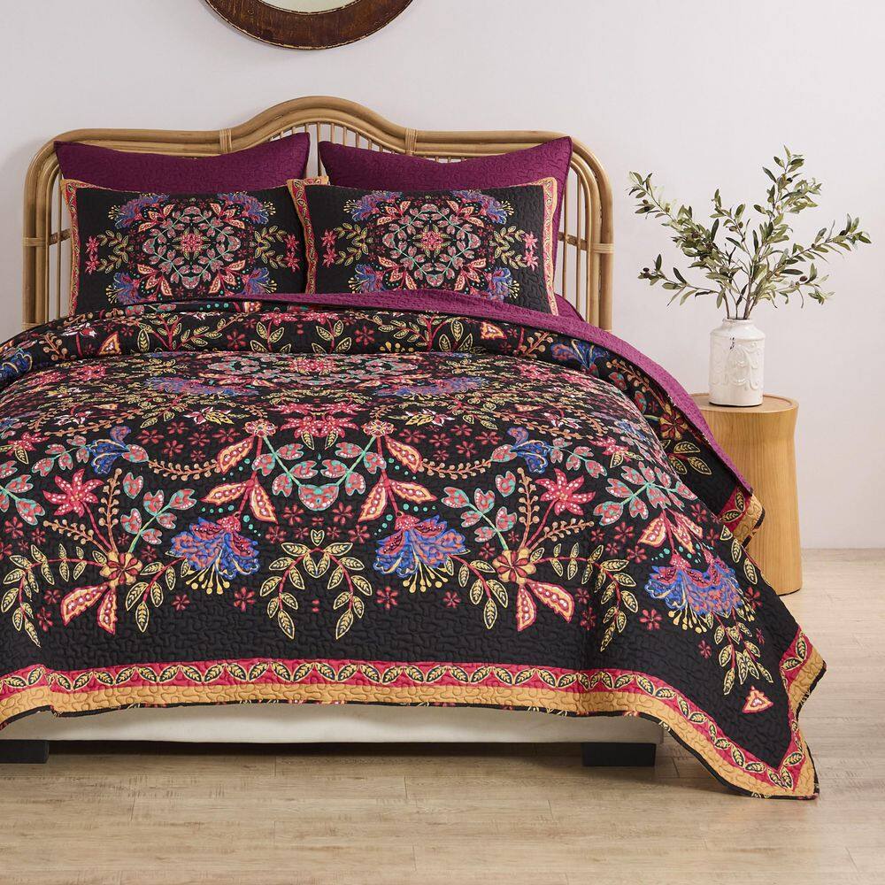 Greenland Home Fashions Jessa 3-Piece Floral Midnight Cotton Blend Full ...