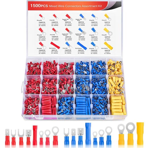 1500-Pack Mixed Quick Disconnect Crimp Connector Butt Splice Ring Fork ...