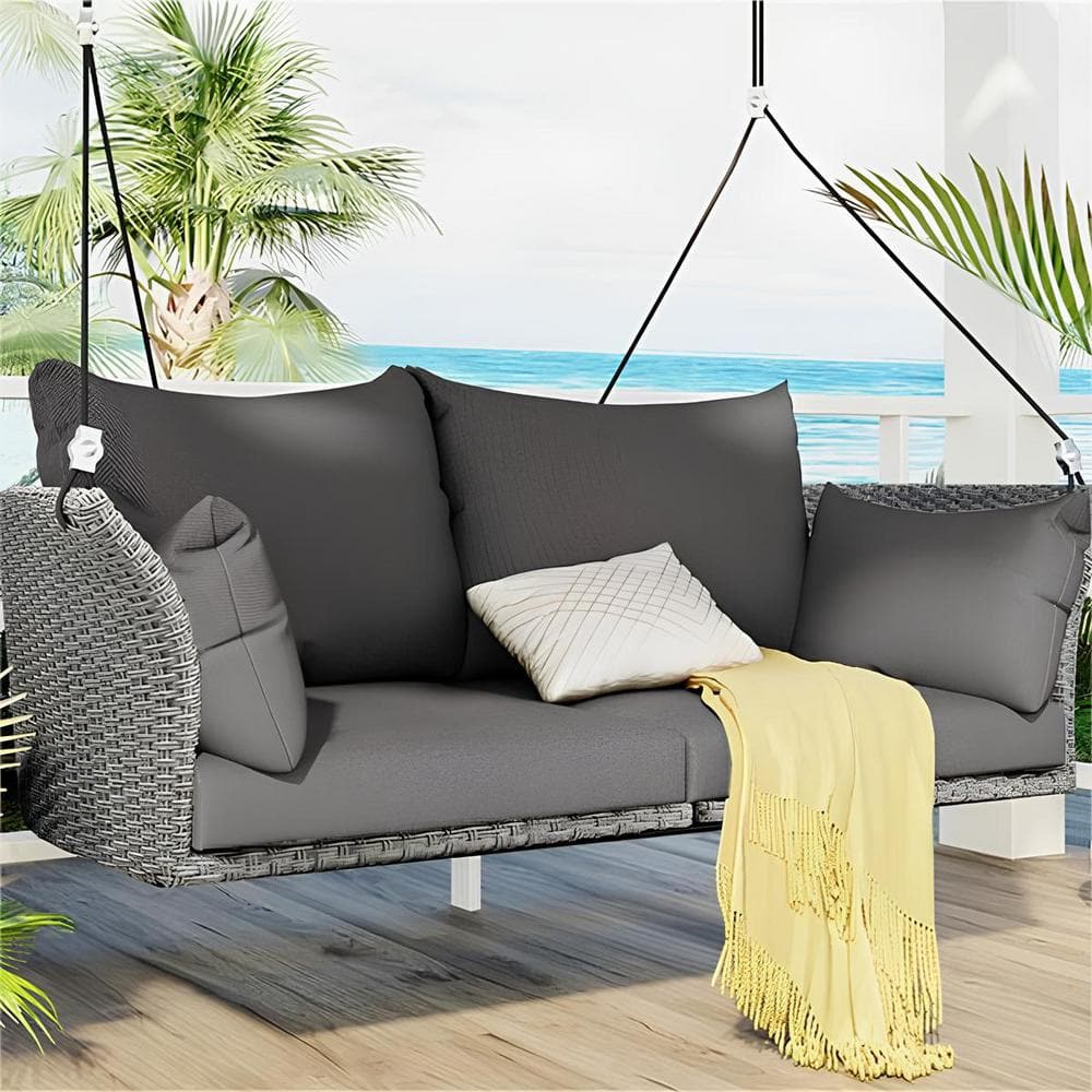 2-Person Patio Wicker Porch Swing Chair, Rattan Woven, with Ropes, Gray ...