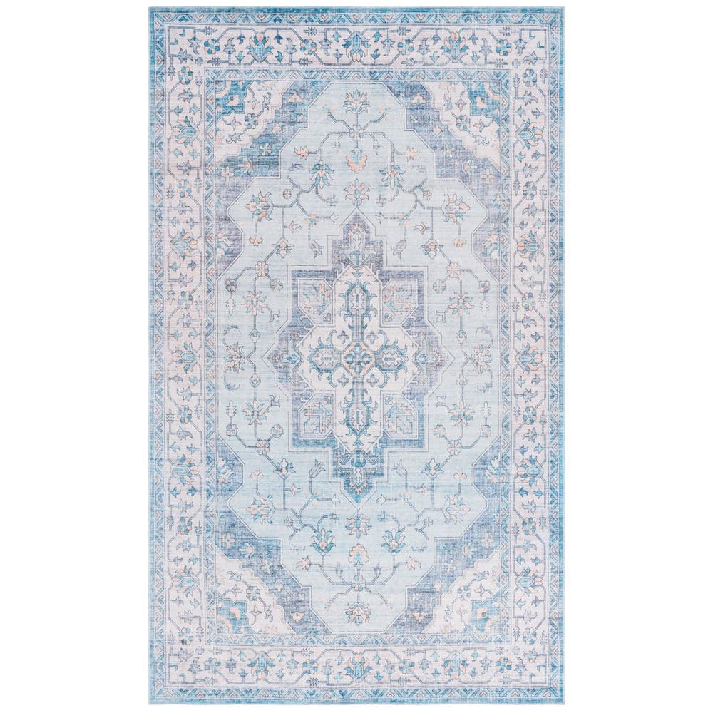 SAFAVIEH Arizona 5 ft. x 8 ft. Light Blue/Ivory Machine Washable Faded ...
