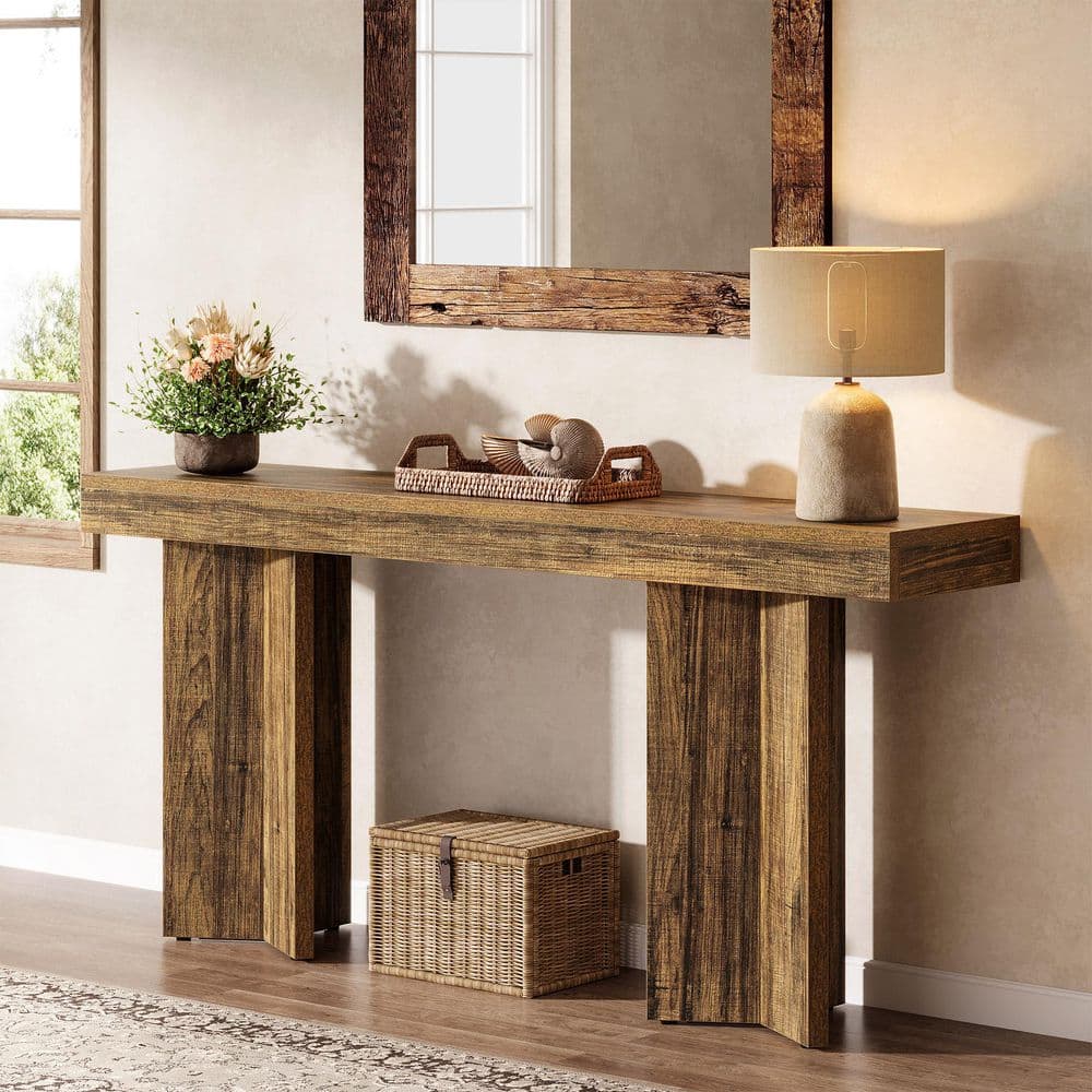BYBLIGHT Turrella 63 in. Brown Rectangle Wood Console Table Entryway ...