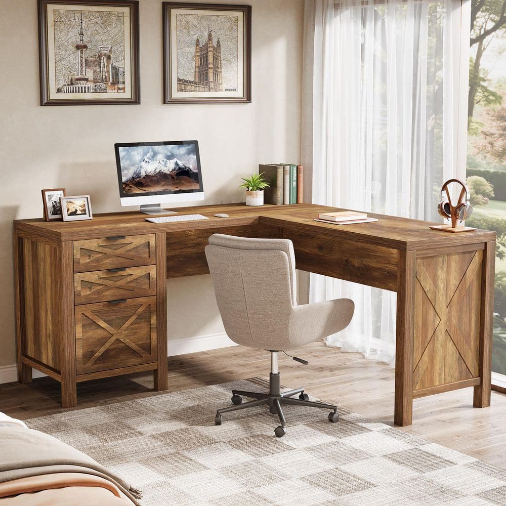 BYBLIGHT Capen 59 in. L Shape Brown Engineered Wood 3-Drawer Executive ...