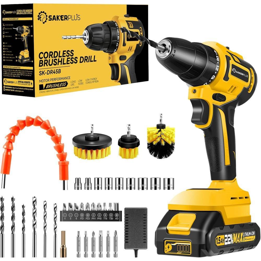SakerPlus Cordless Drill Set with Drill Bits, 22-Volt Brushless ...