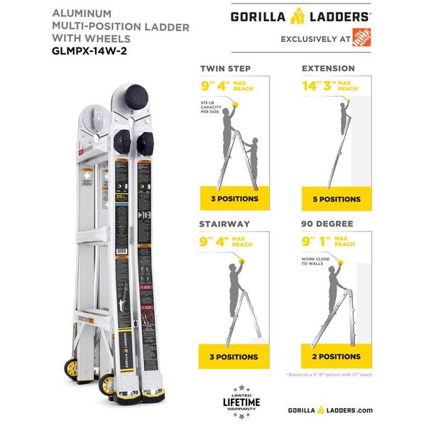 Buy 14 ft. Reach MPXW Aluminum Multi-Position Ladder with Wheels, 375 ...