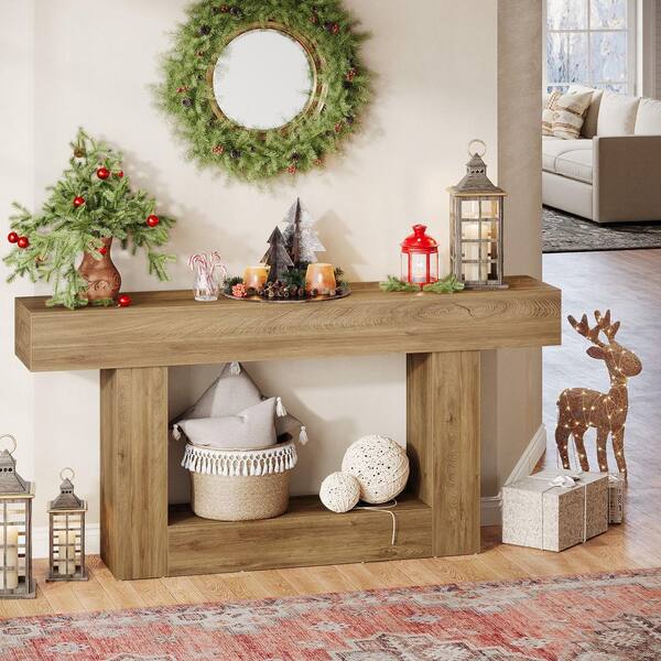BYBLIGHT Turrella 63 in, Light Brown Rectangle MDF Console Table with ...
