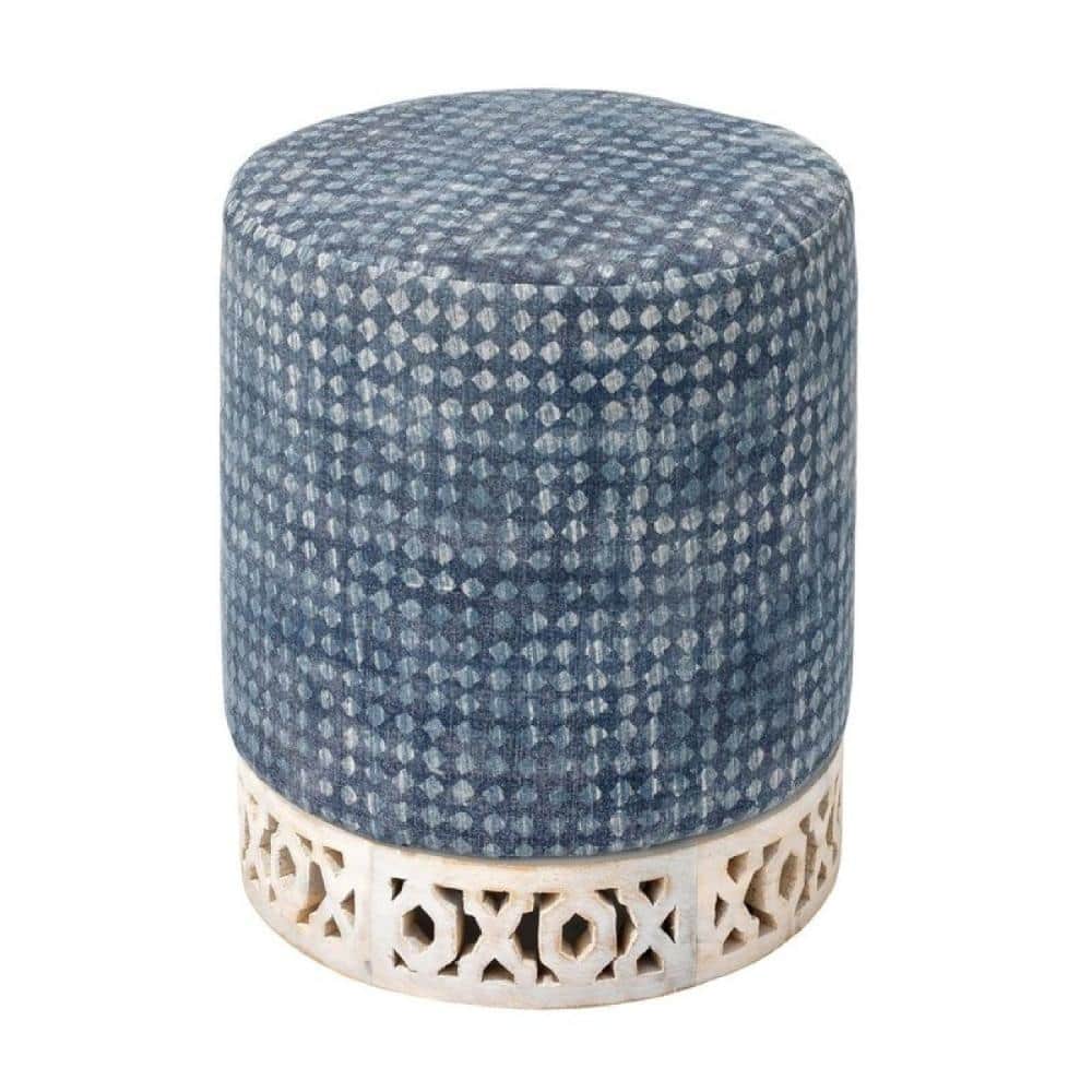 Benjara Blue and White Fabric Round Accent Ottoman BM272372 - The Home ...