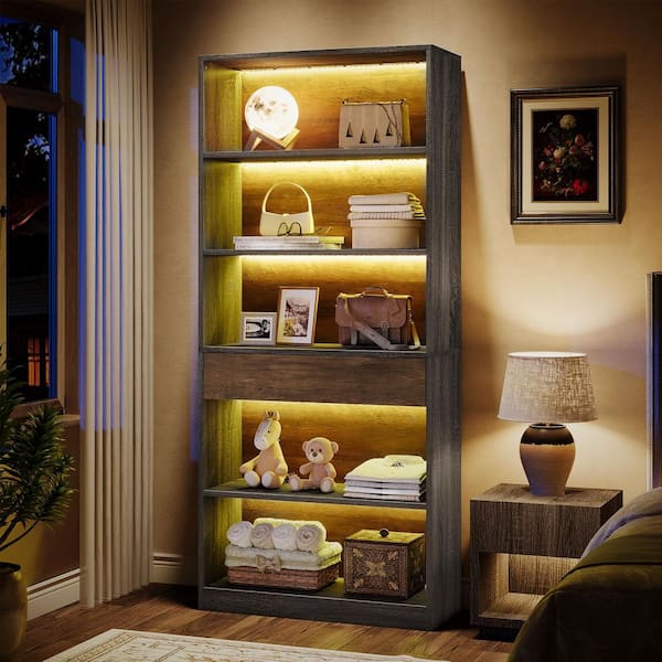 BYBLIGHT 70.9 in. Tall Black Wood Finish MDF 5-Shelf Standard Bookcase ...