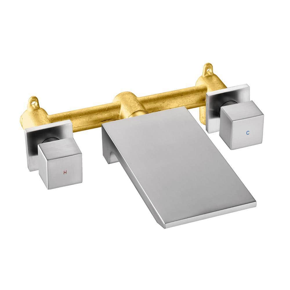 2-Handle Rectangular Waterfall Wall Mounted Bathroom Faucet in Brushed ...